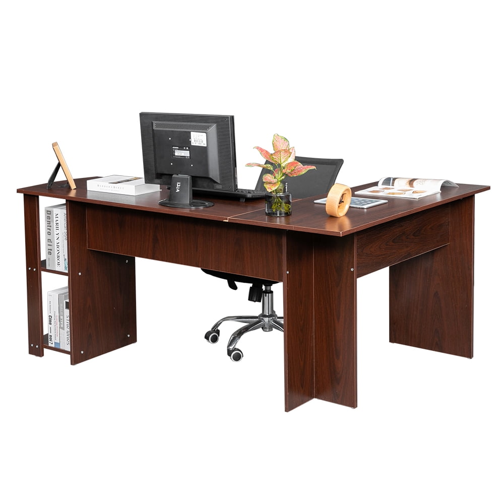 FCH L-Shaped Wood Right-angle Computer Desk with Two-layer Shelves Dark ...