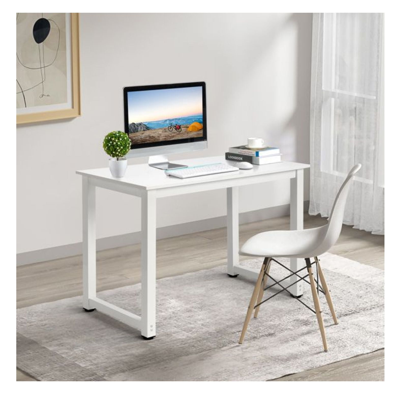 FCH white desktop + white pipe frame P2 particleboard with triamine ...