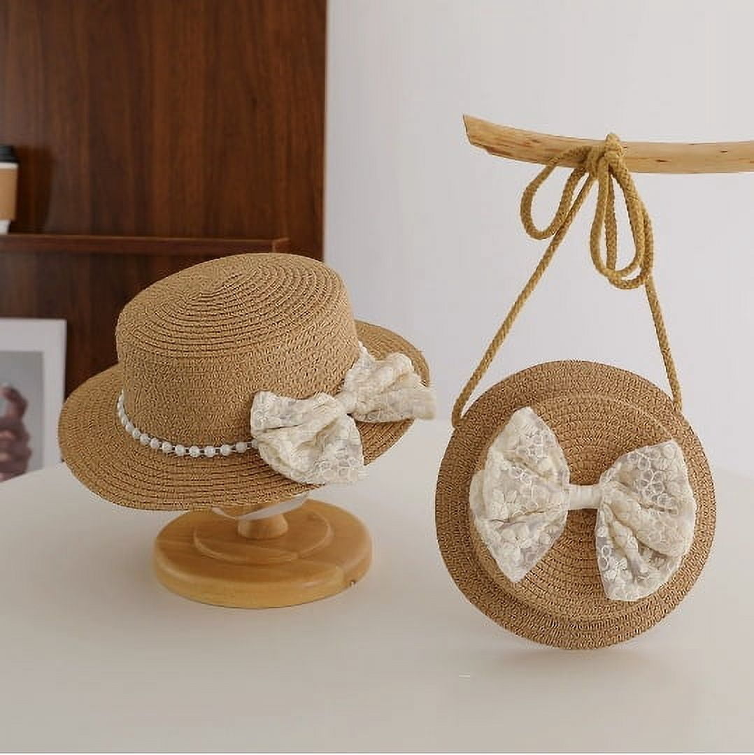 FCHEN Girls' Summer Hat & Crossbody Bag Set - Wide Brim Sun Protection ...