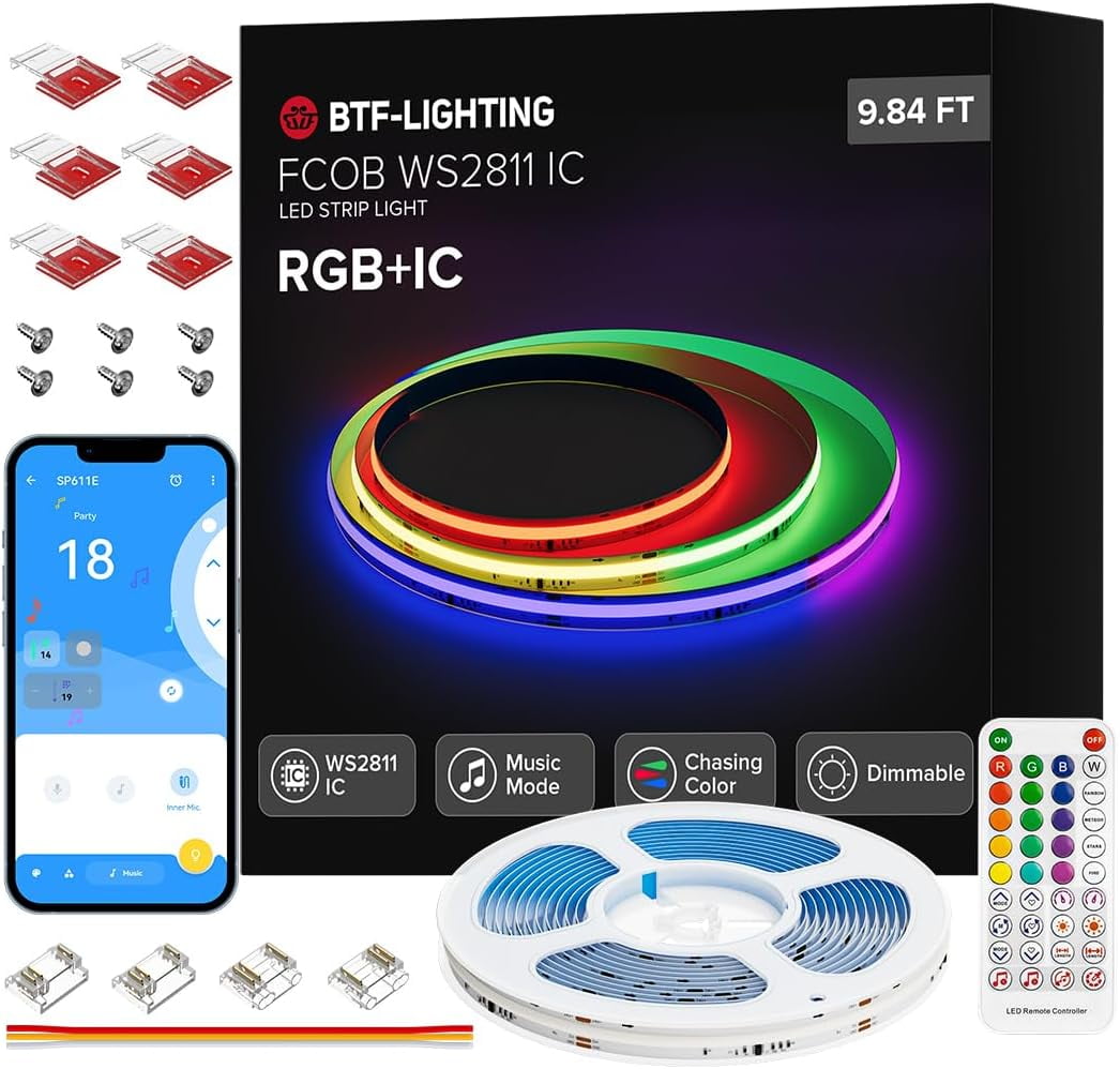 FCOB WS2811 IC RGB COB LED Strip 9.8FT Chasing Color Tape Light Kit ...