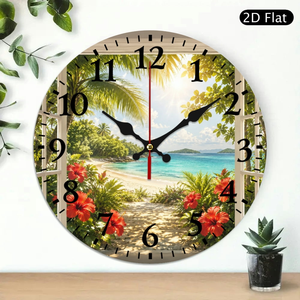 FCXZI 10 Inch Round Wooden Wall Clock Window Tropical Beach View Silent ...