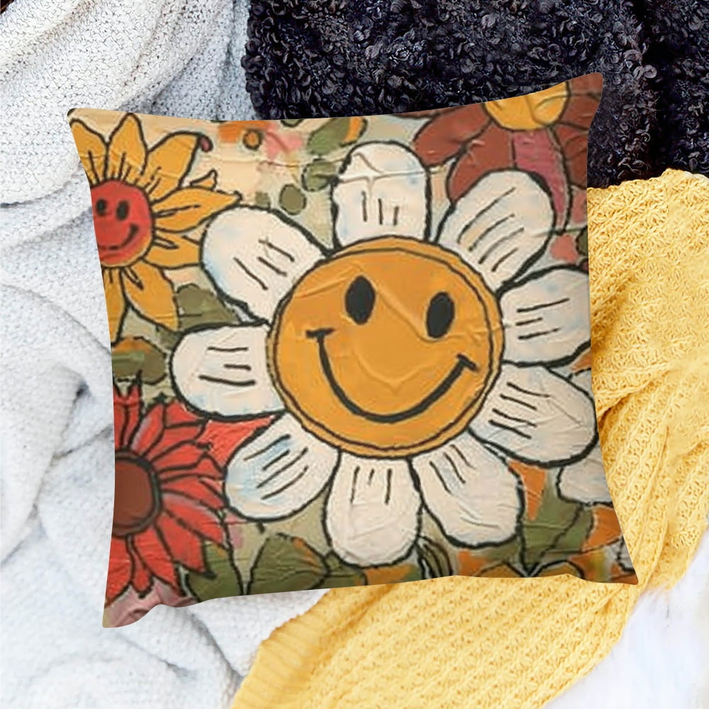 FCXZI 100% Linen Pillow Covers Decoration Flowers Smiley Face Art for ...
