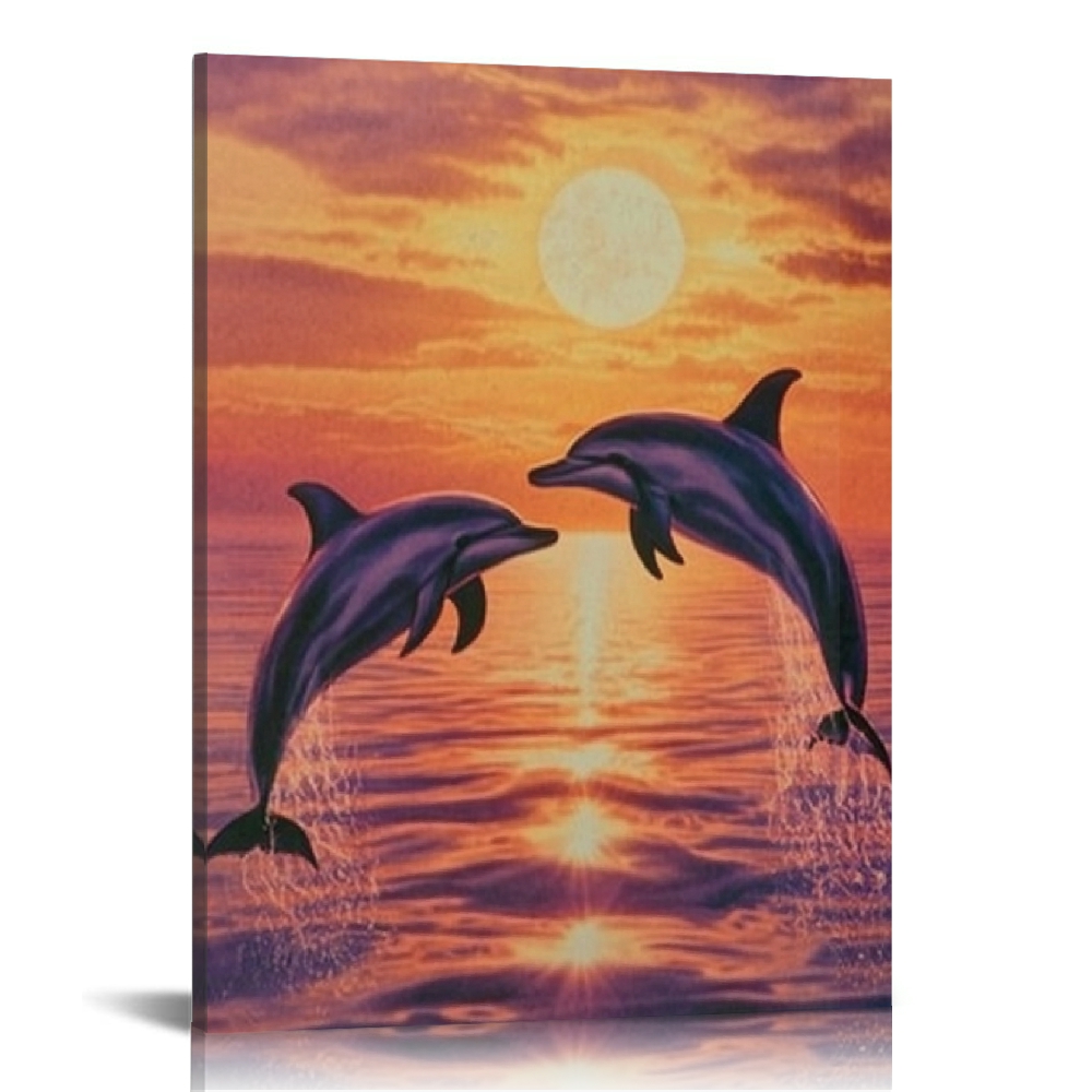 FCXZI Dolphins Sunset Moon Wall Decor Canvas Art for Home Office ...