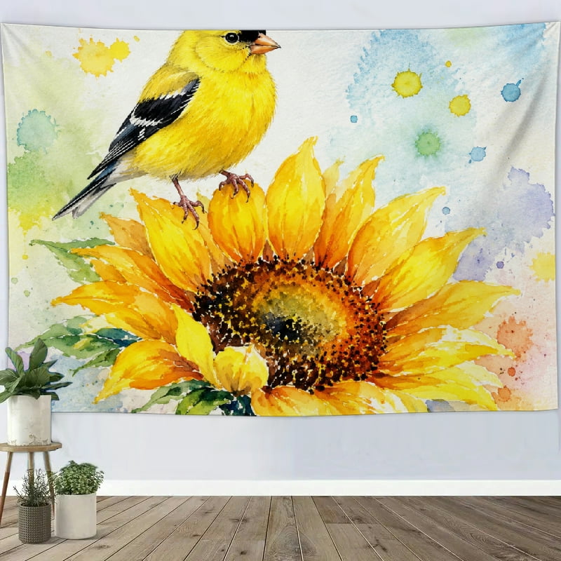 FCXZI Goldfinch Sunflower Polyester Fabric Tapestry Wall Hanging for ...