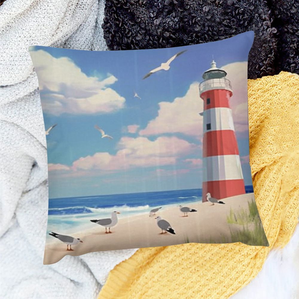 FCXZI Lighthouse Throw Pillow Cover Ocean Beach Seagull Blue Sky White ...