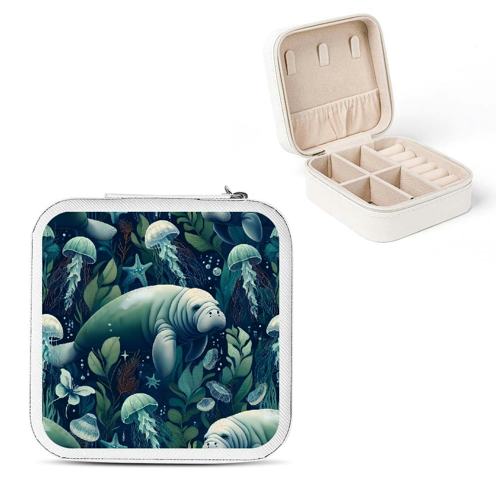 FCXZI Manatees Jellyfish Aquatic Plants Jewelry Box Travel Case White ...
