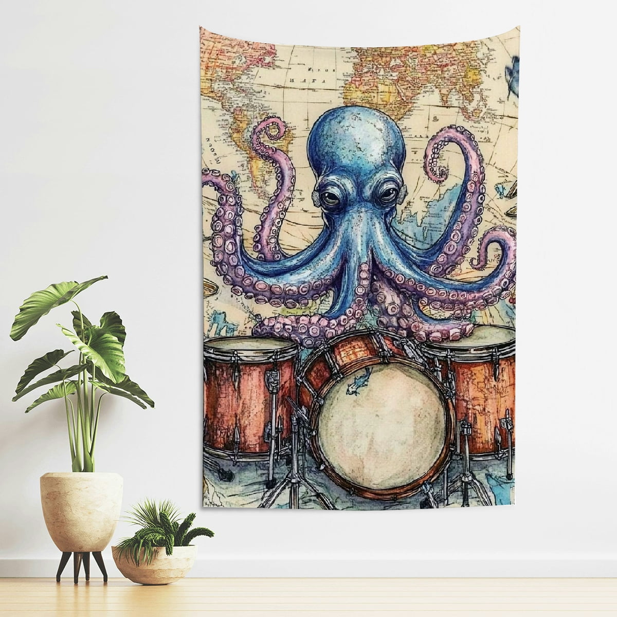 FCXZI Octopus Drums World Map Tapestry 100% Polyester Home Decor 40 ...