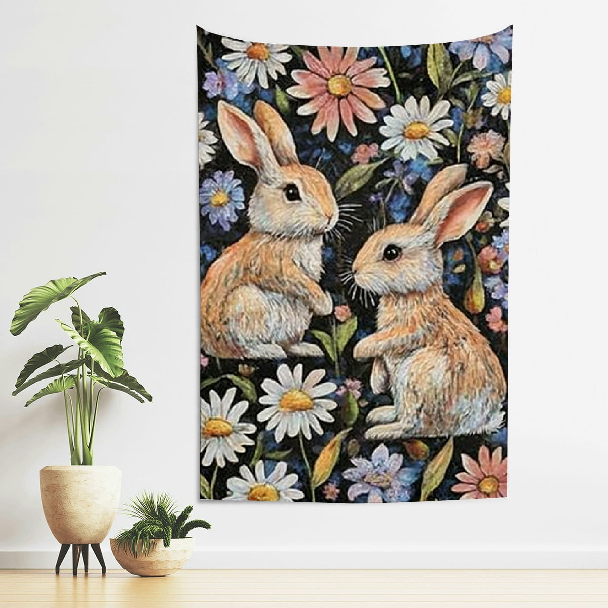 FCXZI Rabbits Daisies Folk Art Tapestry Wall Hanging 100% Polyester 40 ...