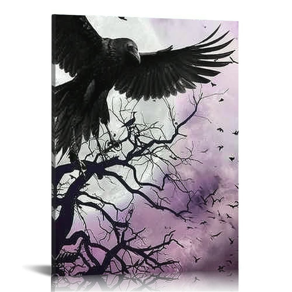 FCXZI Raven canvas wall art blackbird painting on a tree branch picture ...