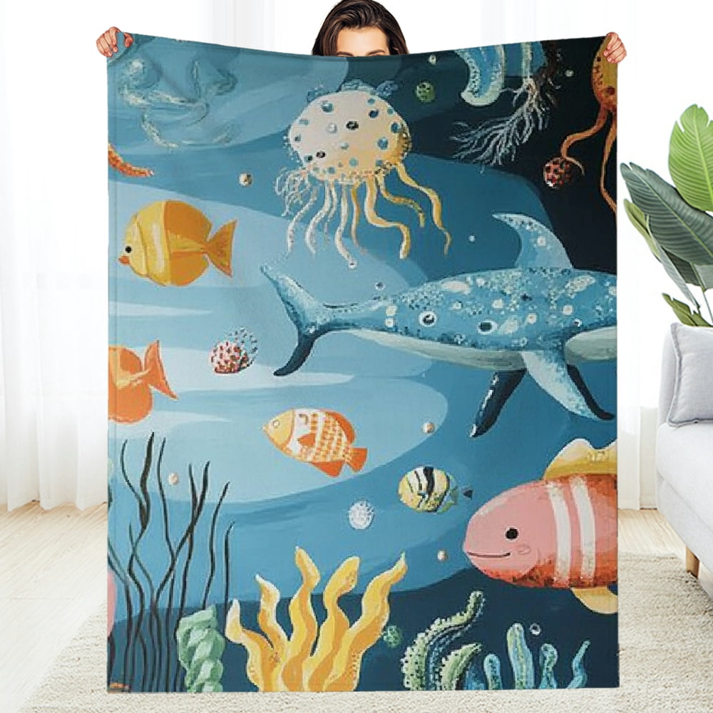 FCXZI Sea Animals Mural Maximalism Flannel Blanket, Soft Cozy All ...
