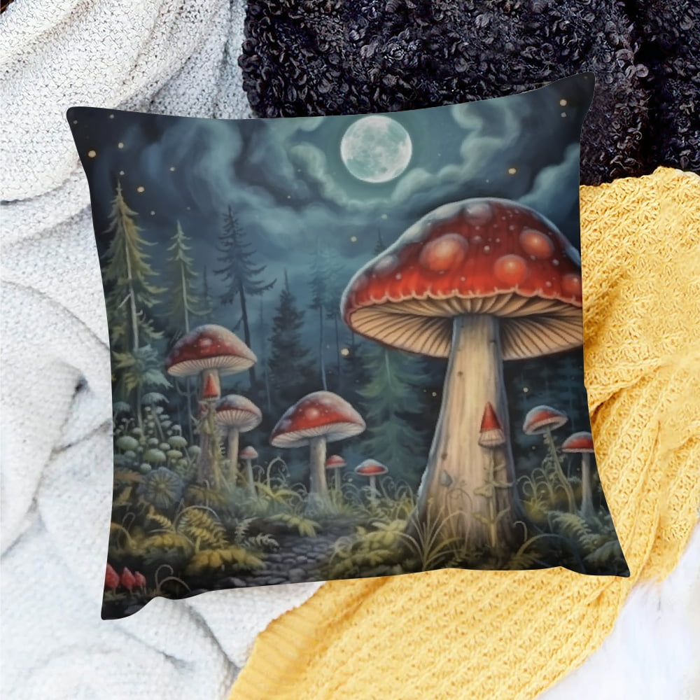 FCXZI Square Cushion Cover Mushrooms Forest Full Moon Pillow Case ...