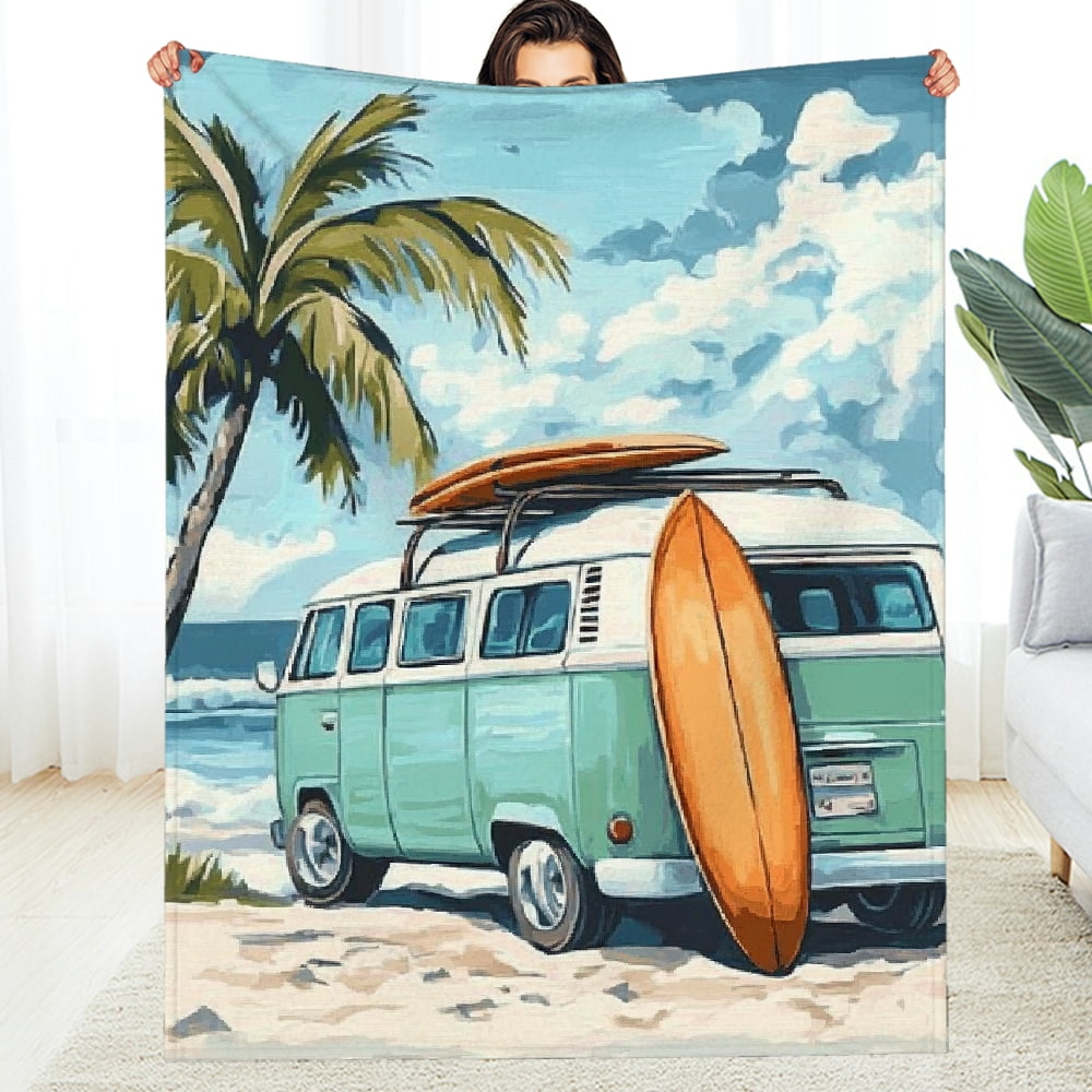 FCXZI Van Surfboard Beach Flannel Blanket, Soft Warm Multi-Purpose 30 ...