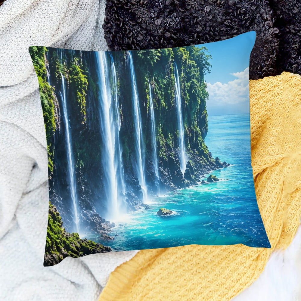 FCXZI Waterproof Pillow Covers Coastal Cliff Waterfall Square Linen ...