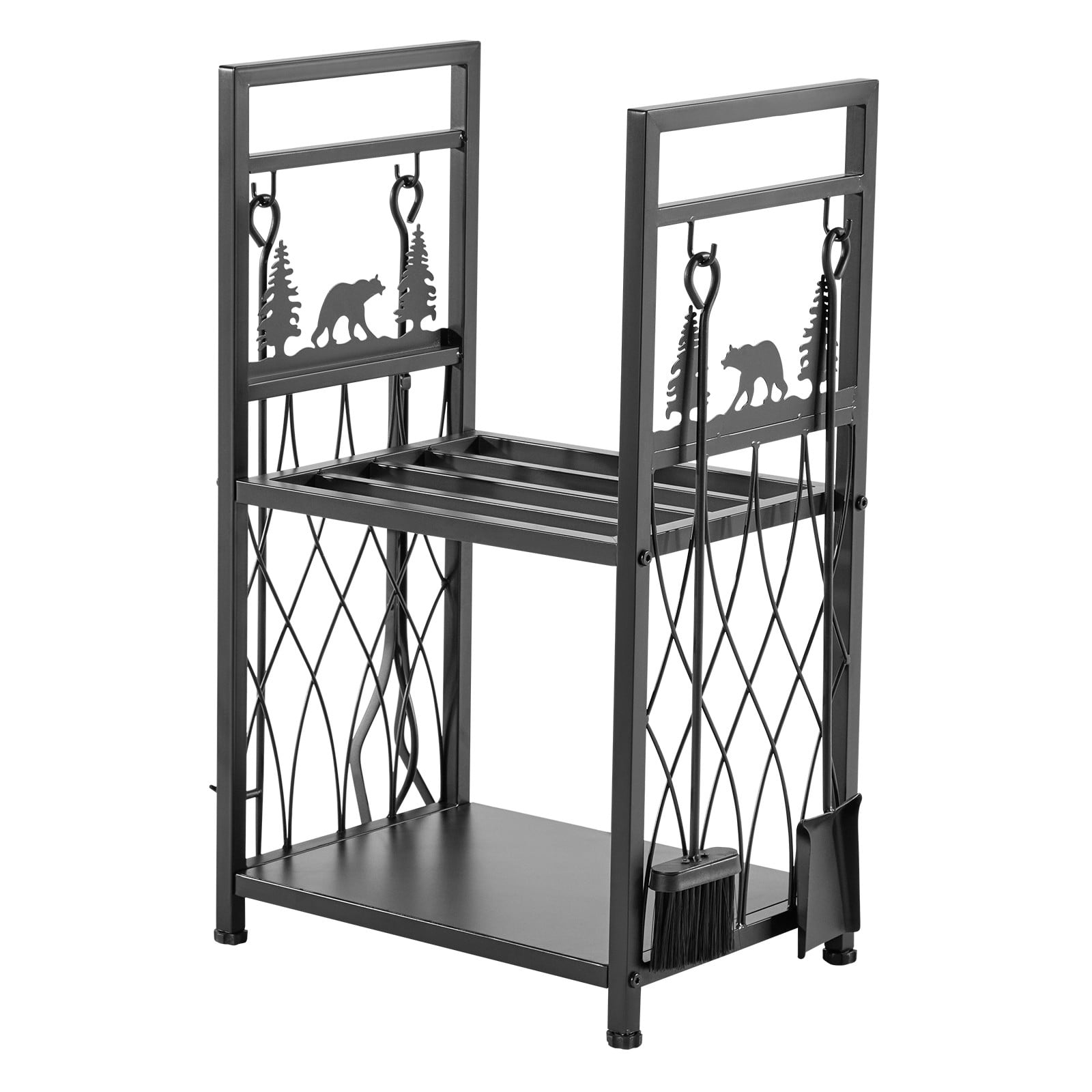 FCYNMF 2-Tier Indoor Firewood Rack with 4-Piece Fireplace Tool Set – 1.3 ft Log Holder, Wrought ...