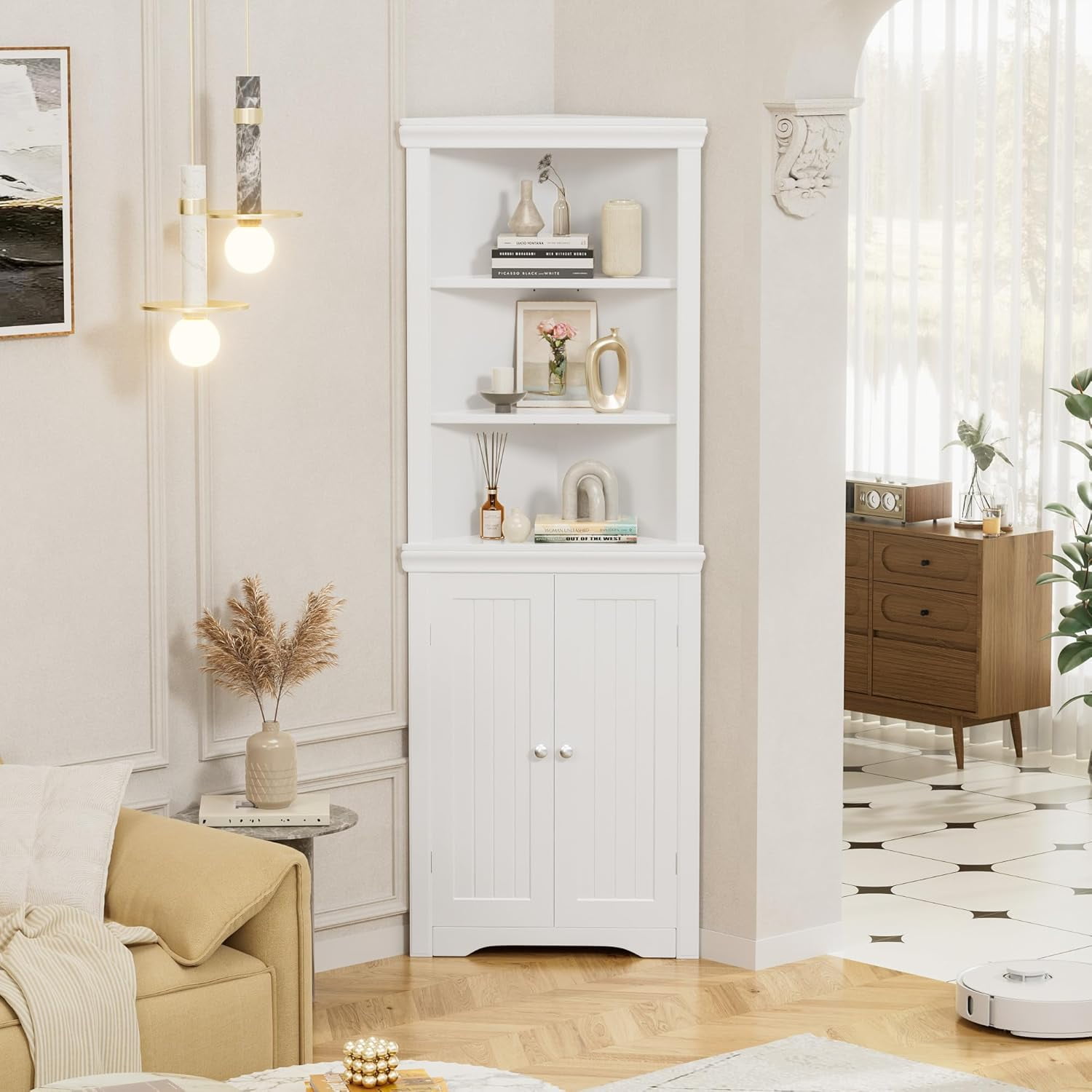 FCYNMF Corner Cabinet, Freestanding Corner Shelf with 2 Doors and 3 ...