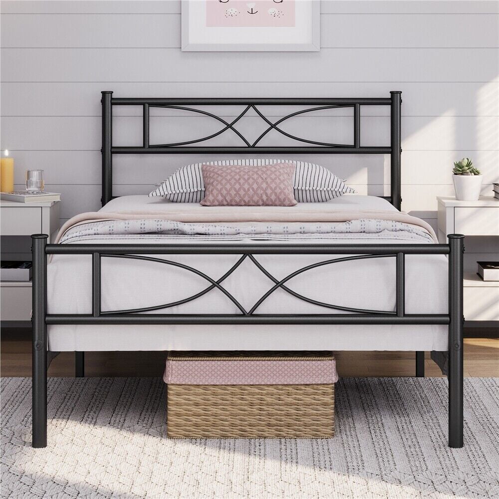 FCYNMF Metal Bed Frame Twin Size, Platform Bed with Curved Headboard ...