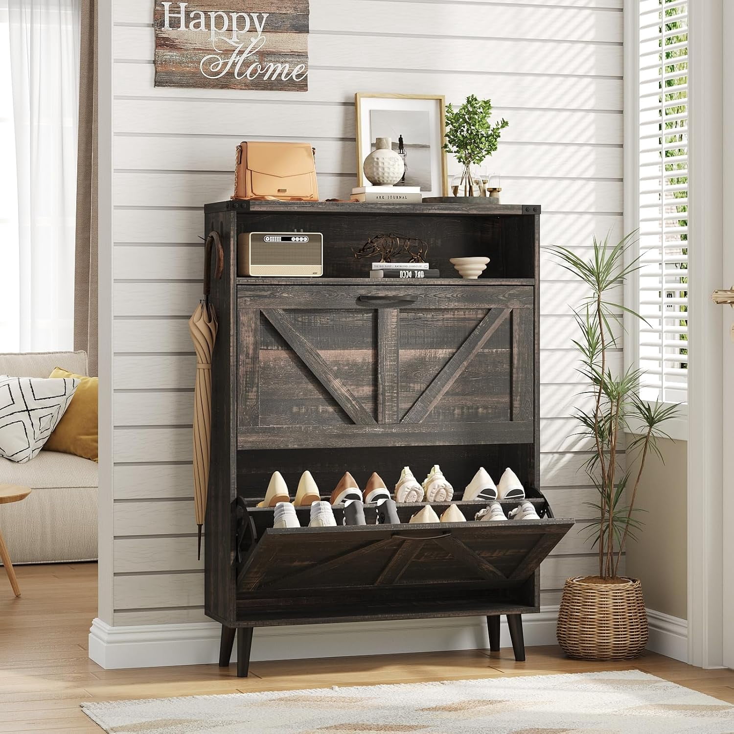 FCYNMF Shoe Storage Cabinet with 2 Flip Drawers, Freestanding Slim ...