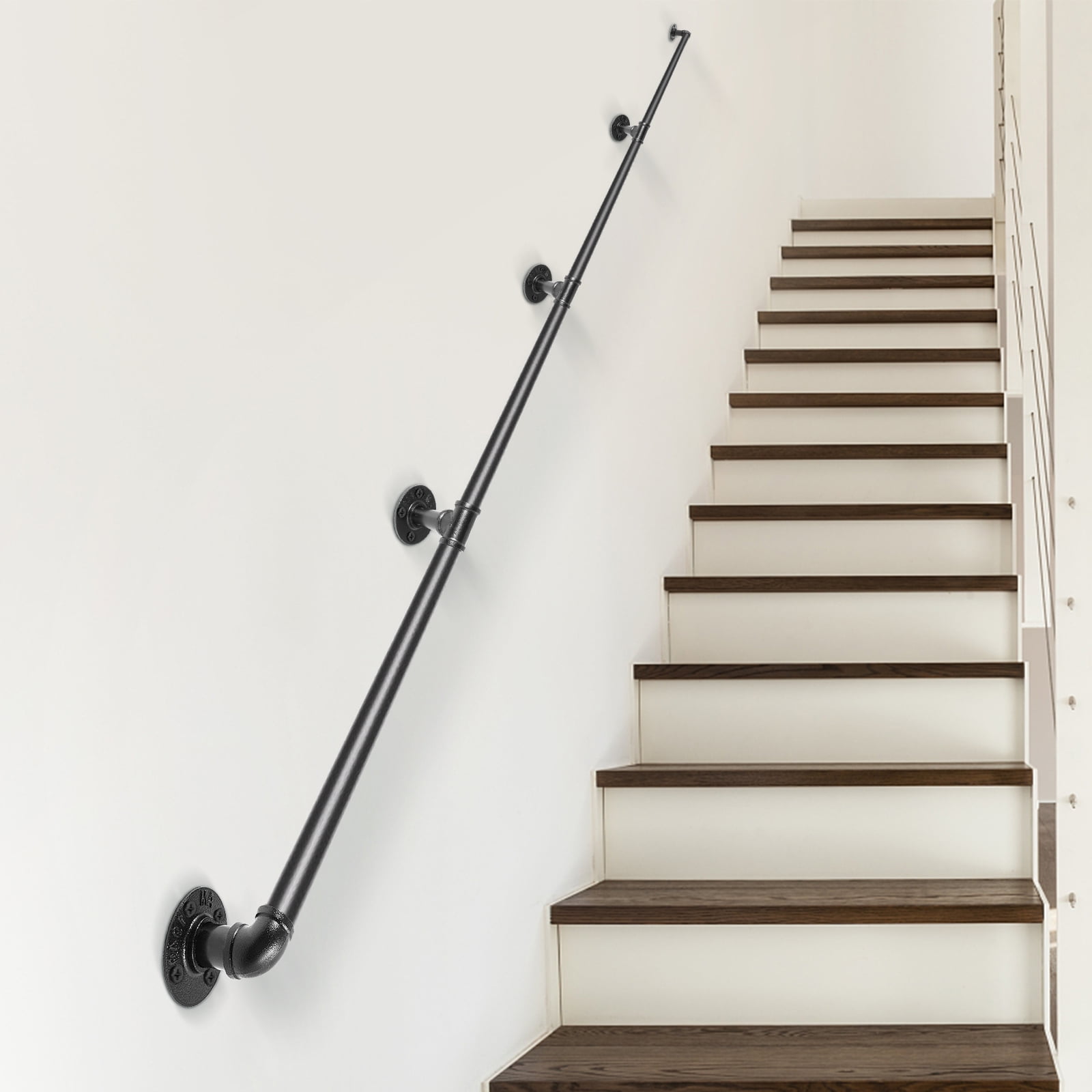 FCYNMF Wall Mount Stair Handrail, 2-13FT Black Carbon Steel Pipe ...