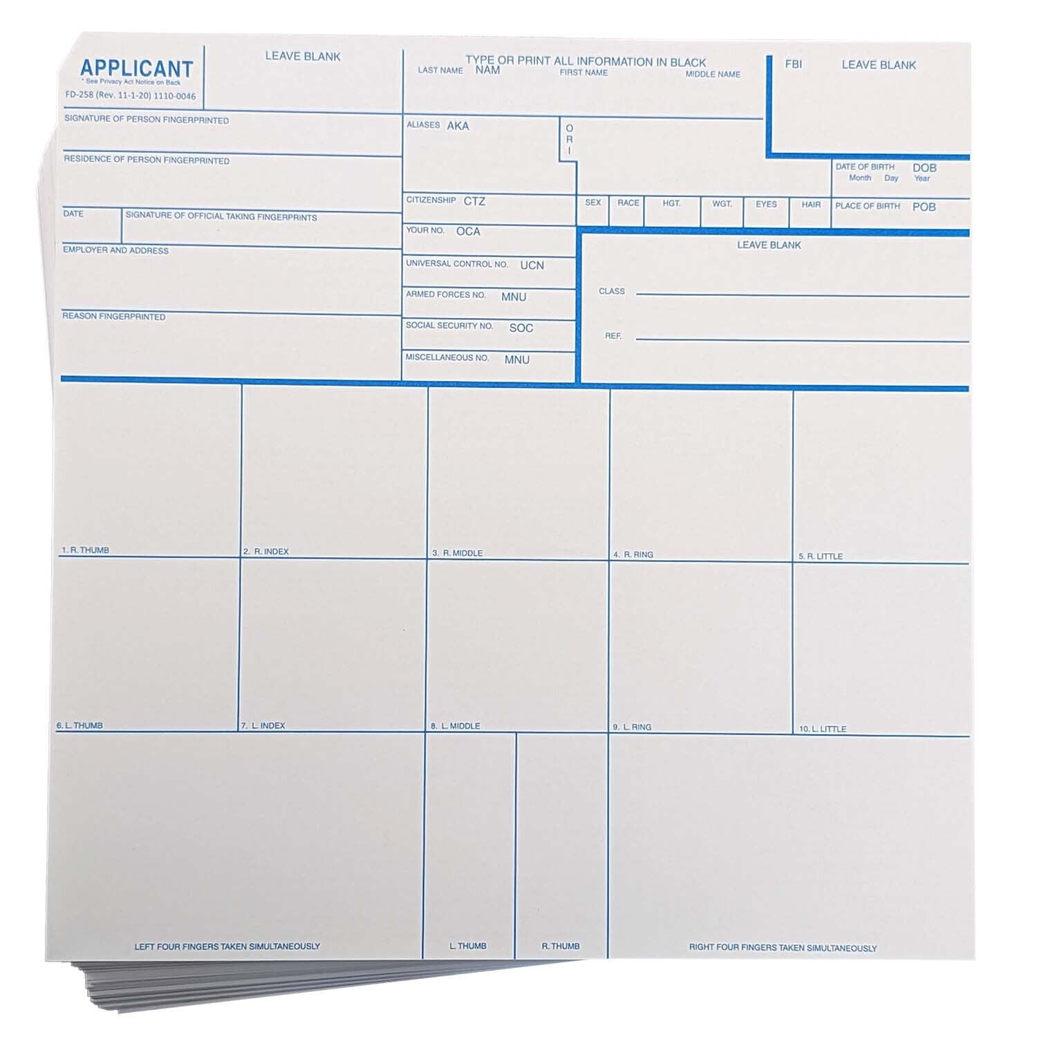 FD-258 Fingerprint Cards, Applicant - 250 Pack NEWEST REVISION 11-1-20 ...