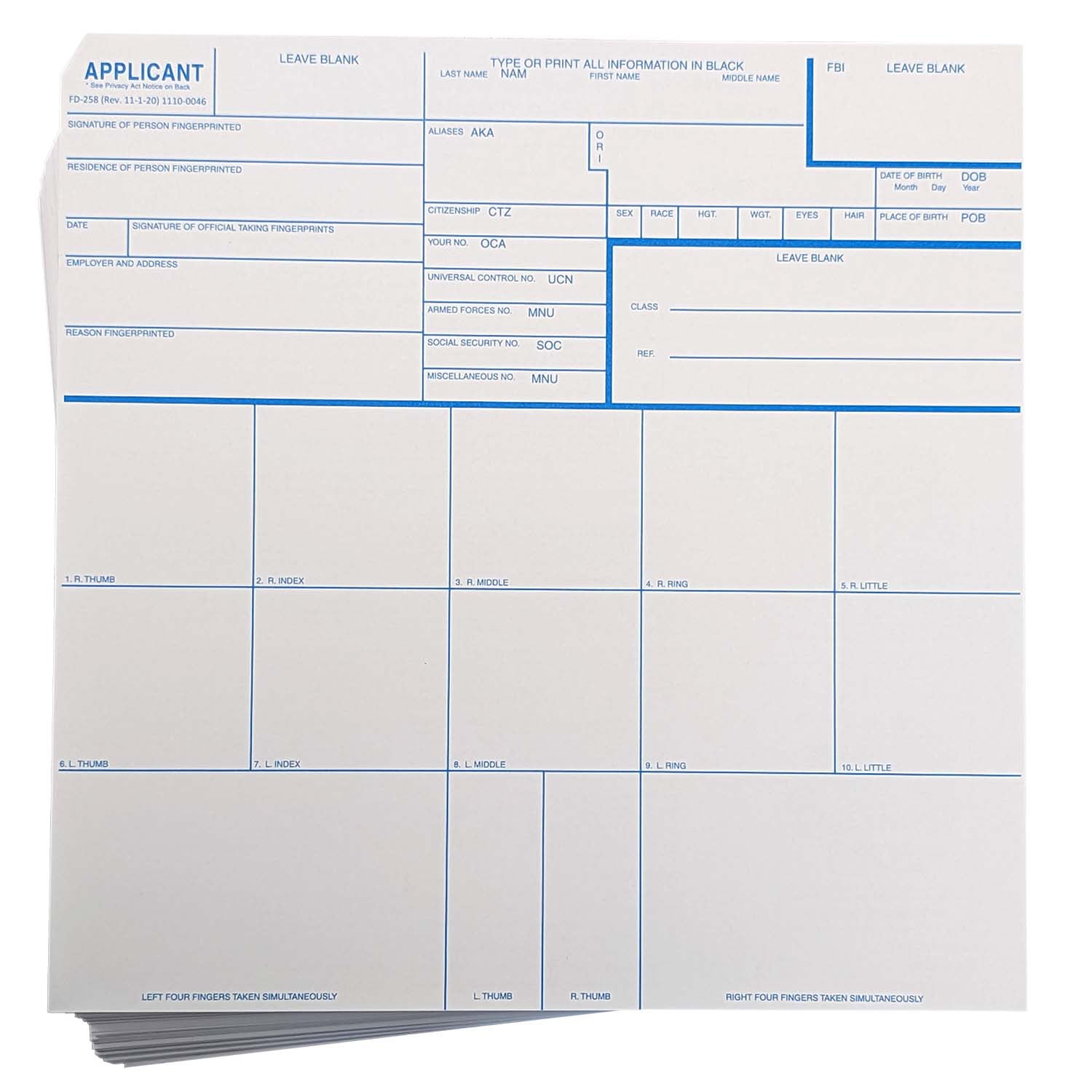 FD-258 Fingerprint Cards, Applicant - 250 Pack - Walmart.com