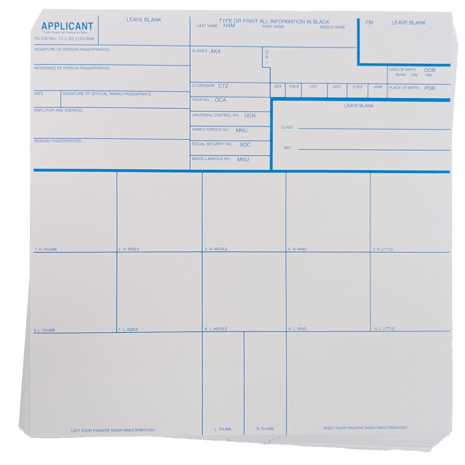 FD-258 Fingerprint Cards, Applicant - 50 Pack - Walmart.com