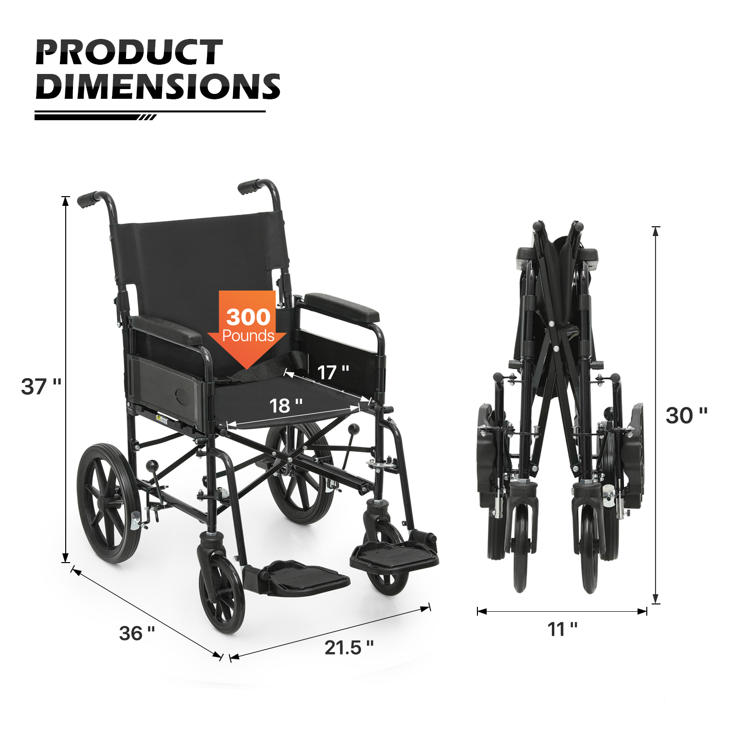 [FDA APPROVED]18"Foldable Transport Wheelchair w/Seat Belt & Swing Away ...