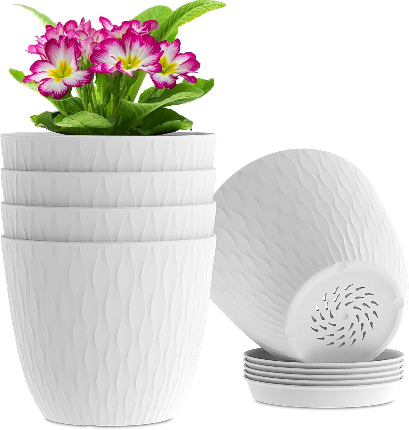 FDDAI 6" Flower Pots, 5 Pack White Plastic Planters with Drainage Holes ...