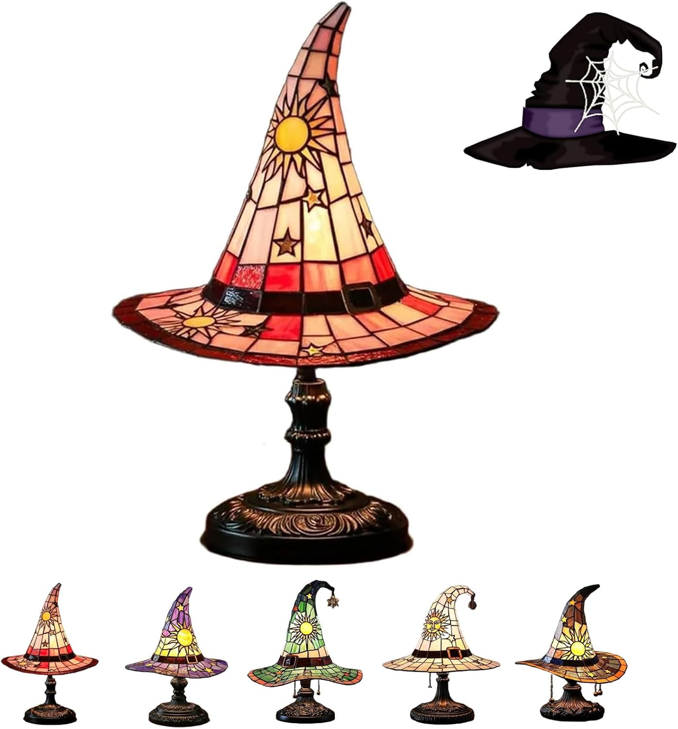 FDEEOM 11.81in Autumn Witch Lamp, Stained Glass Witch Hat Lamp, Autumn ...