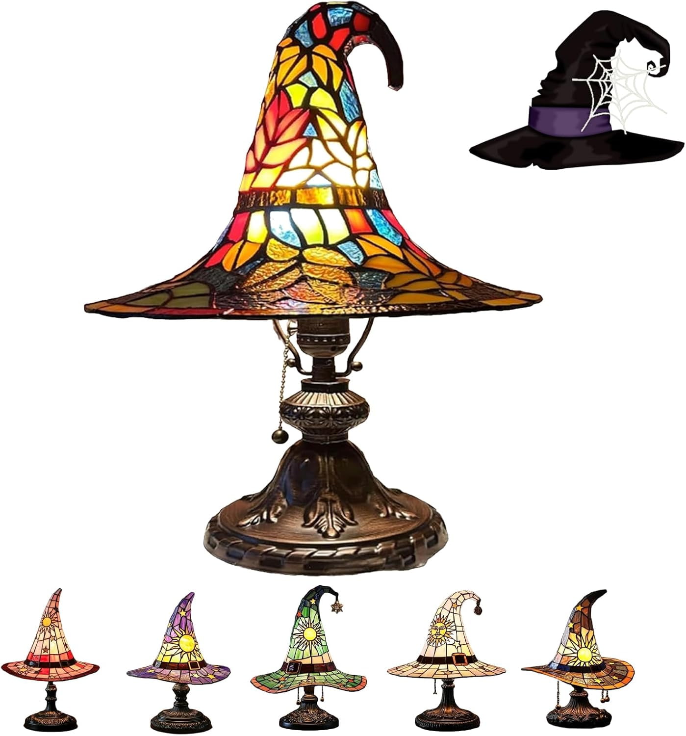 FDEEOM 11.81in Autumn Witch Lamp, Stained Glass Witch Hat Lamp, Autumn ...