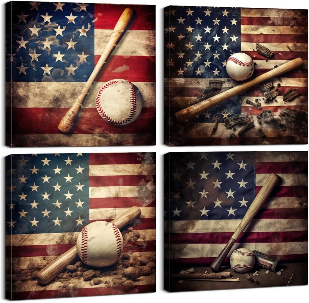 FDFW 4 Pieces Wooden American Flag Baseball Wall Art Military Decor ...