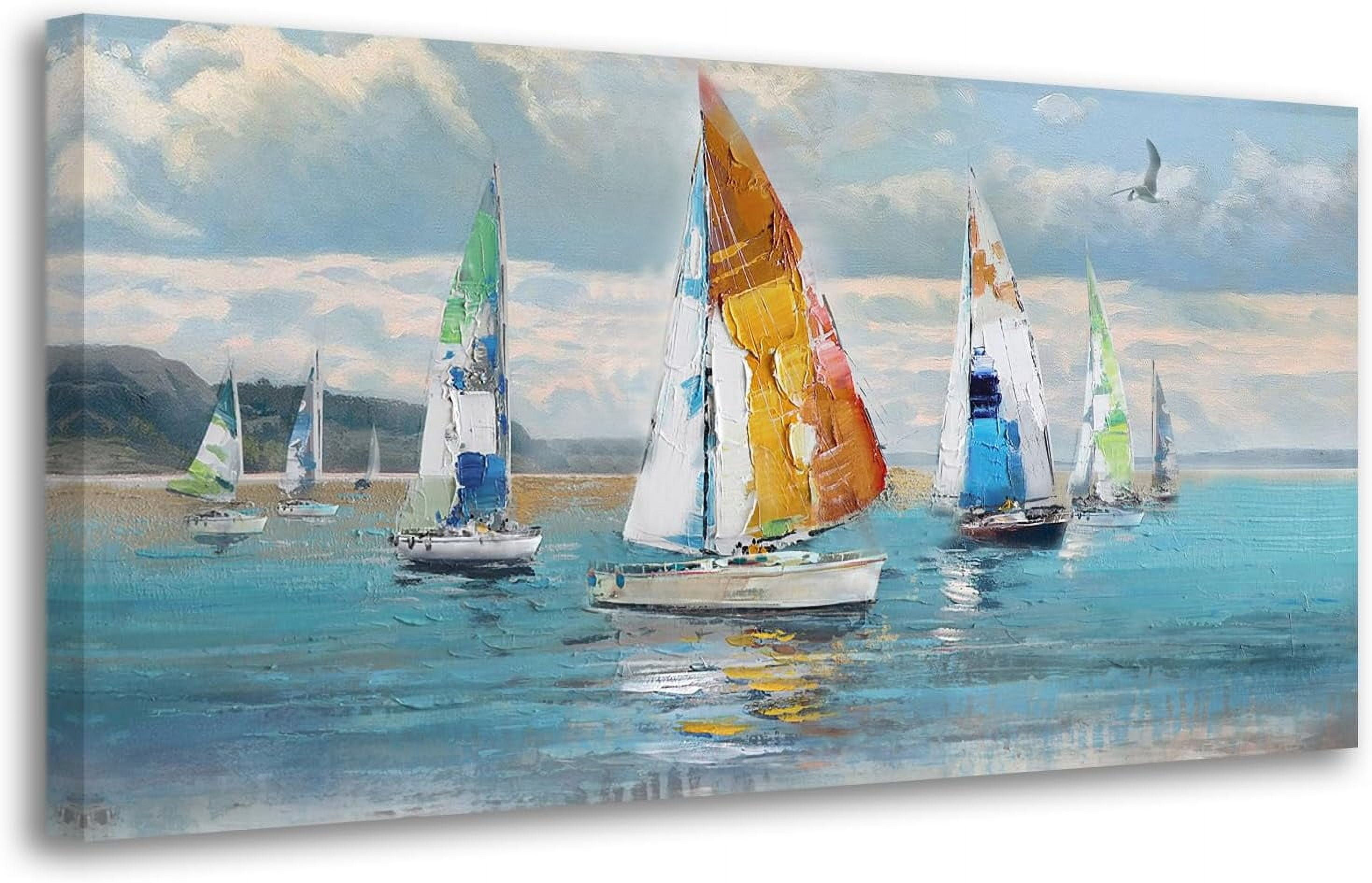 FDFW Blue Abstract Wall Art Canvas Ocean Sailboat Picture Modern ...