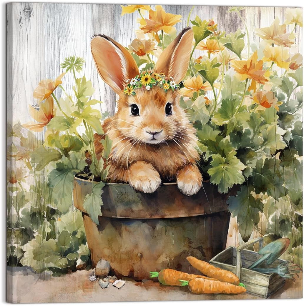 FDFW Cute Bunny Wall Art Orange Flowers Canvas Prt Picture Farmhouse ...