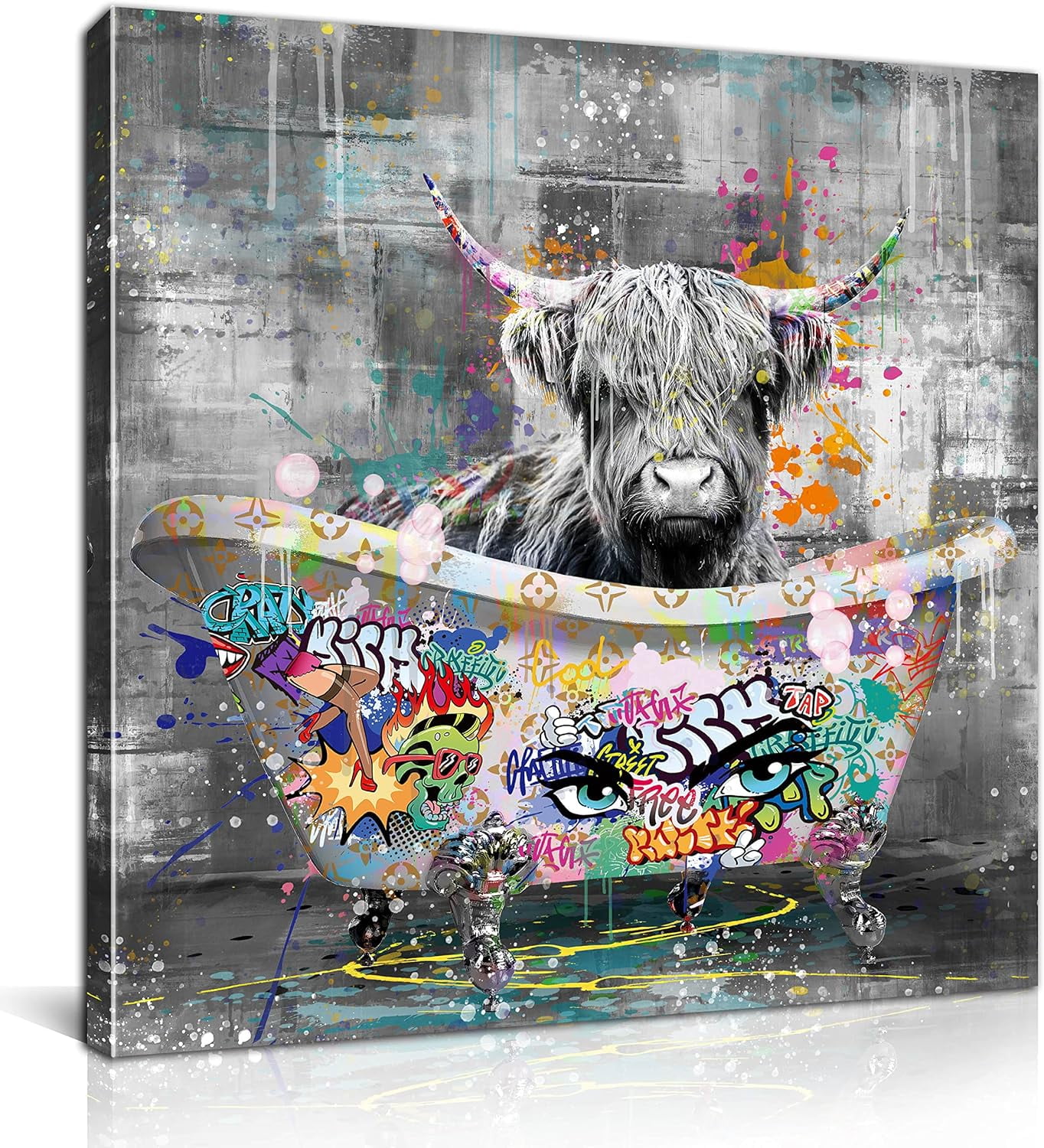 FDFW Highland Cow Bathroom Wall Art Funny Graffiti Canvas Wall Art ...
