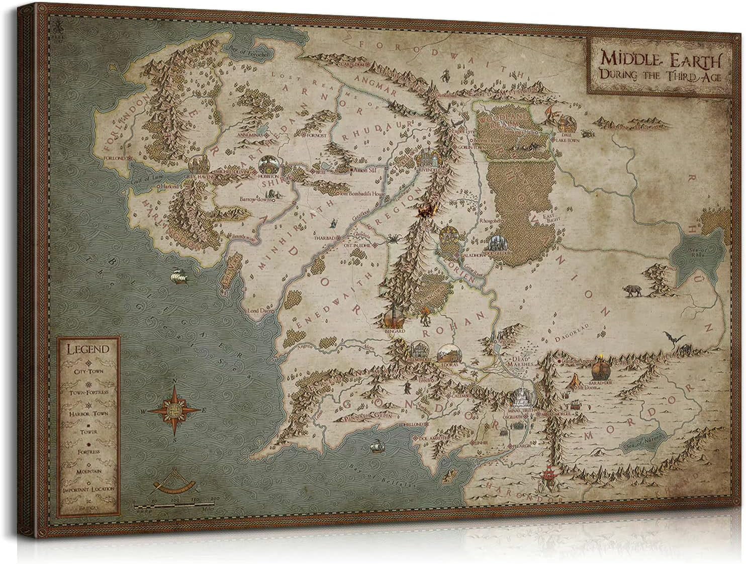 FDFW Middle Earth Map Wall Art Canvas Prt - Fantasy Map of Middle Earth ...