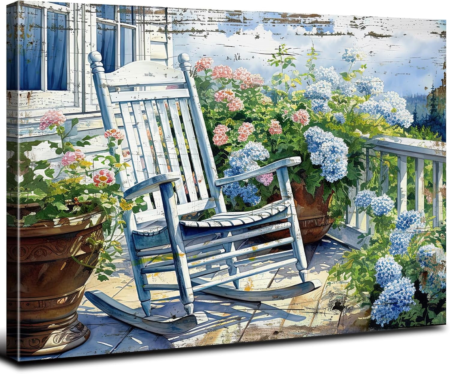 FDFW Rustic Balcony Canvas Wall Art Living room Blue Peony Flowers ...