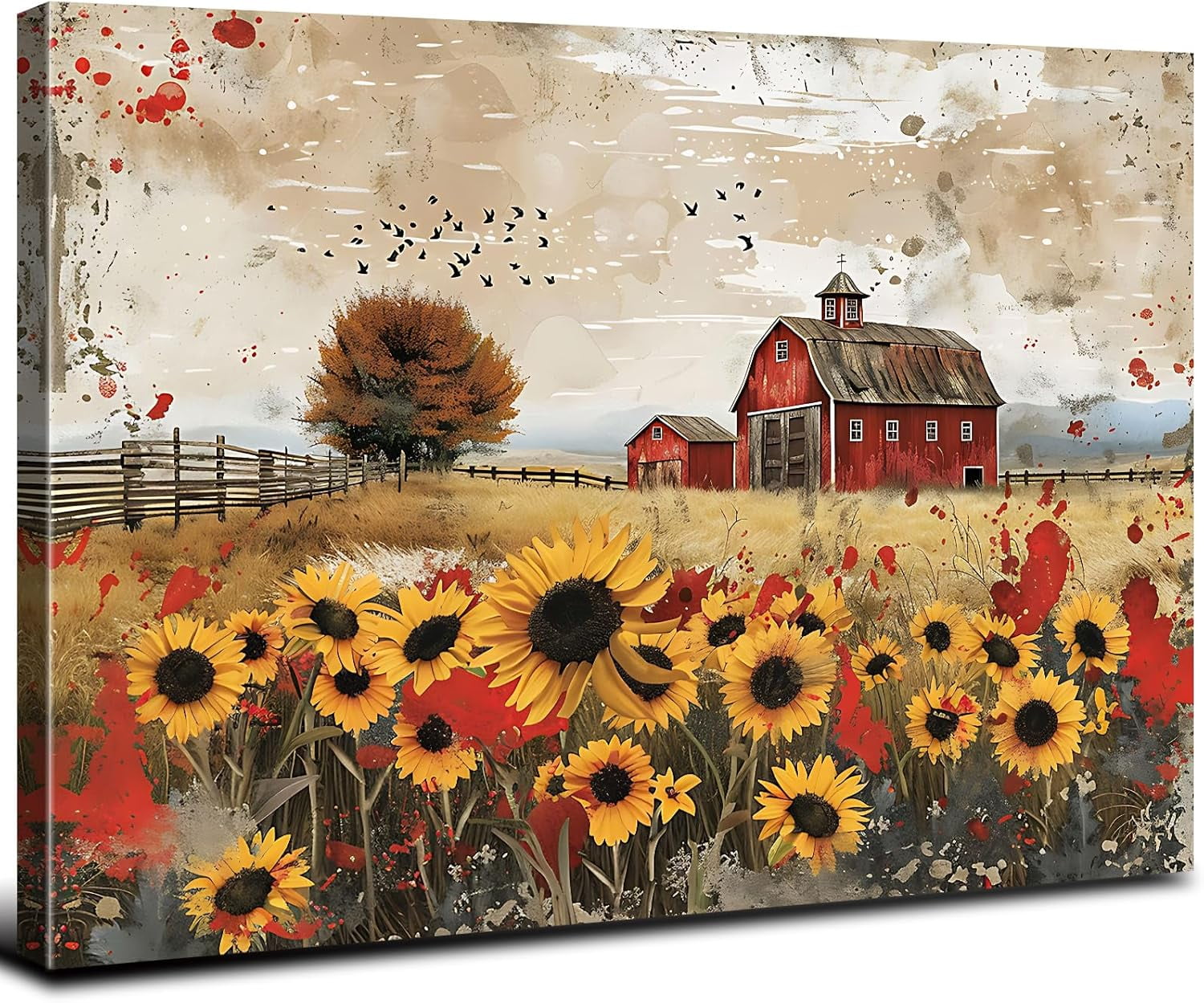 FDFW Vintage Red Barn Wall Art Rustic Country Sunflower Pictures Wall ...