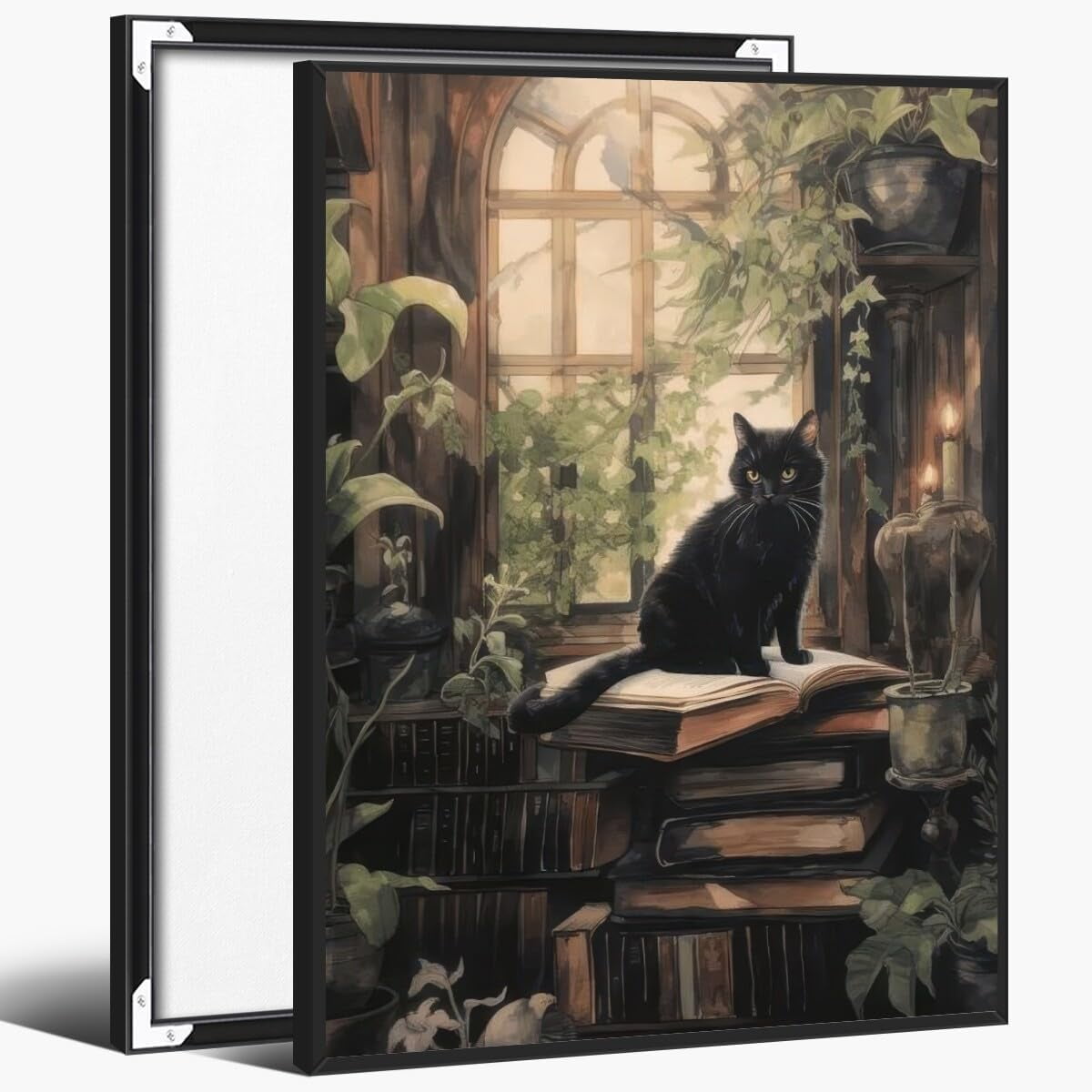 FDFW Vtage black cat witch wall art black cat on book overgrown library ...