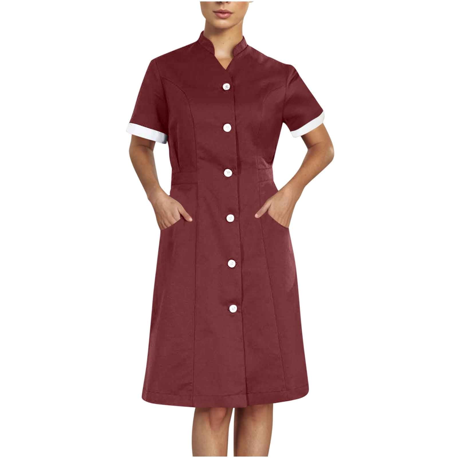 FDGIU 2025 Women's Nursing Scrub Dress - Button Down Lapel Short Sleeve ...