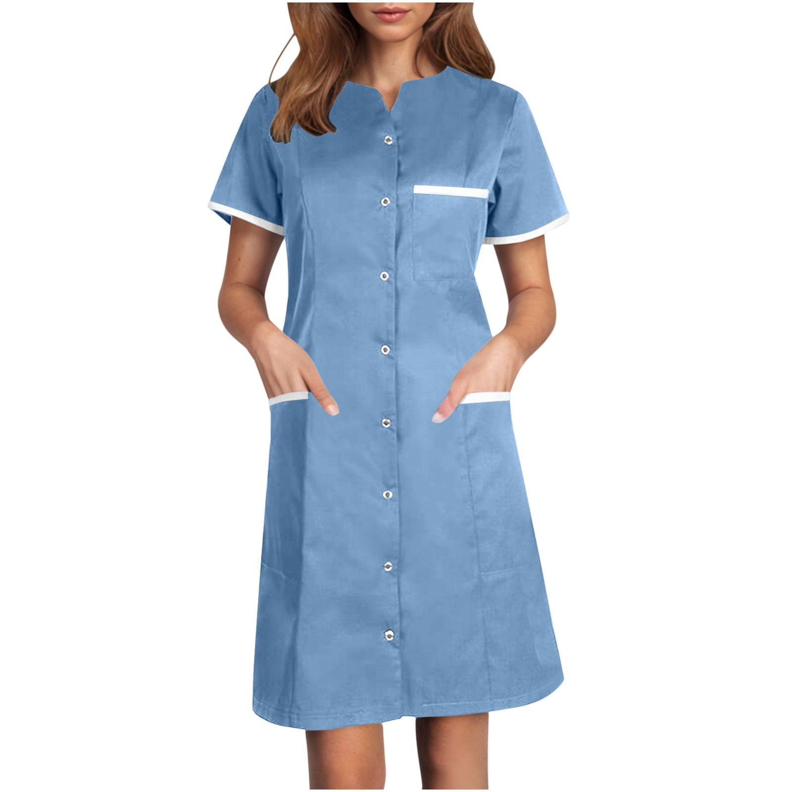 FDGIU 2025 Women's Nursing Scrub Dress - Button Down Lapel Short Sleeve ...