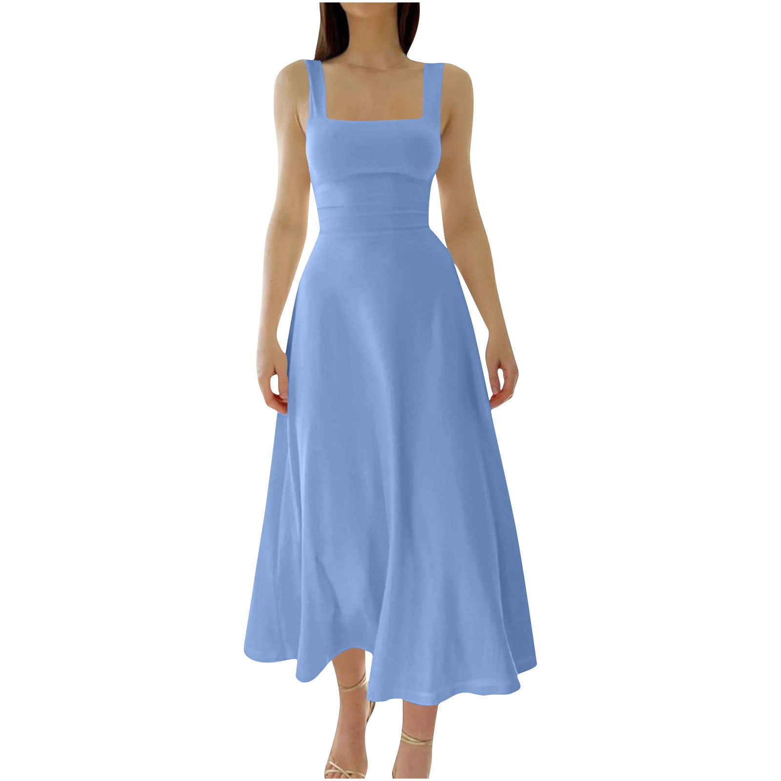 FDGIU 2025 Women's Square Neck Sleeveless Flowy A-Line Midi Dress - Wedding Guest & Beach ...