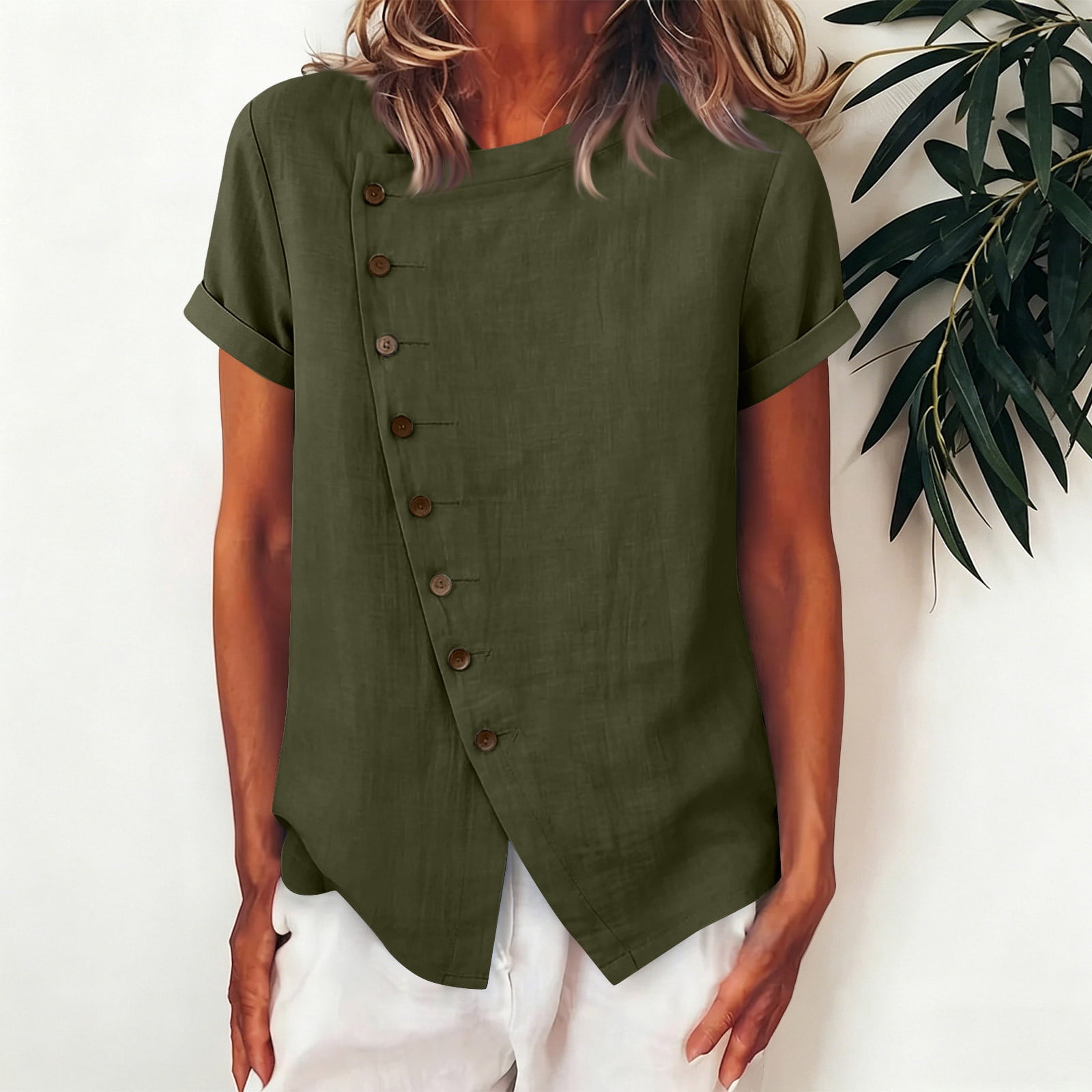 FDGIU 2026 Summer Women's Asymmetric Button Linen Blend Blouse, Roll ...