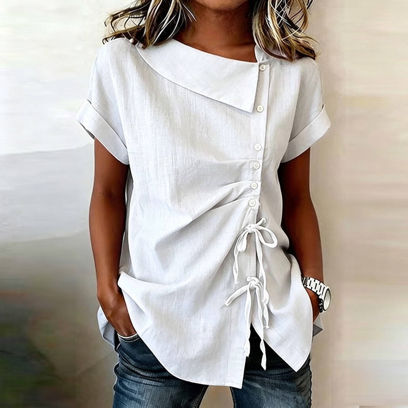 FDGIU 2026 Summer Women's Asymmetric Collar Drawstring Blouse, Rolled ...