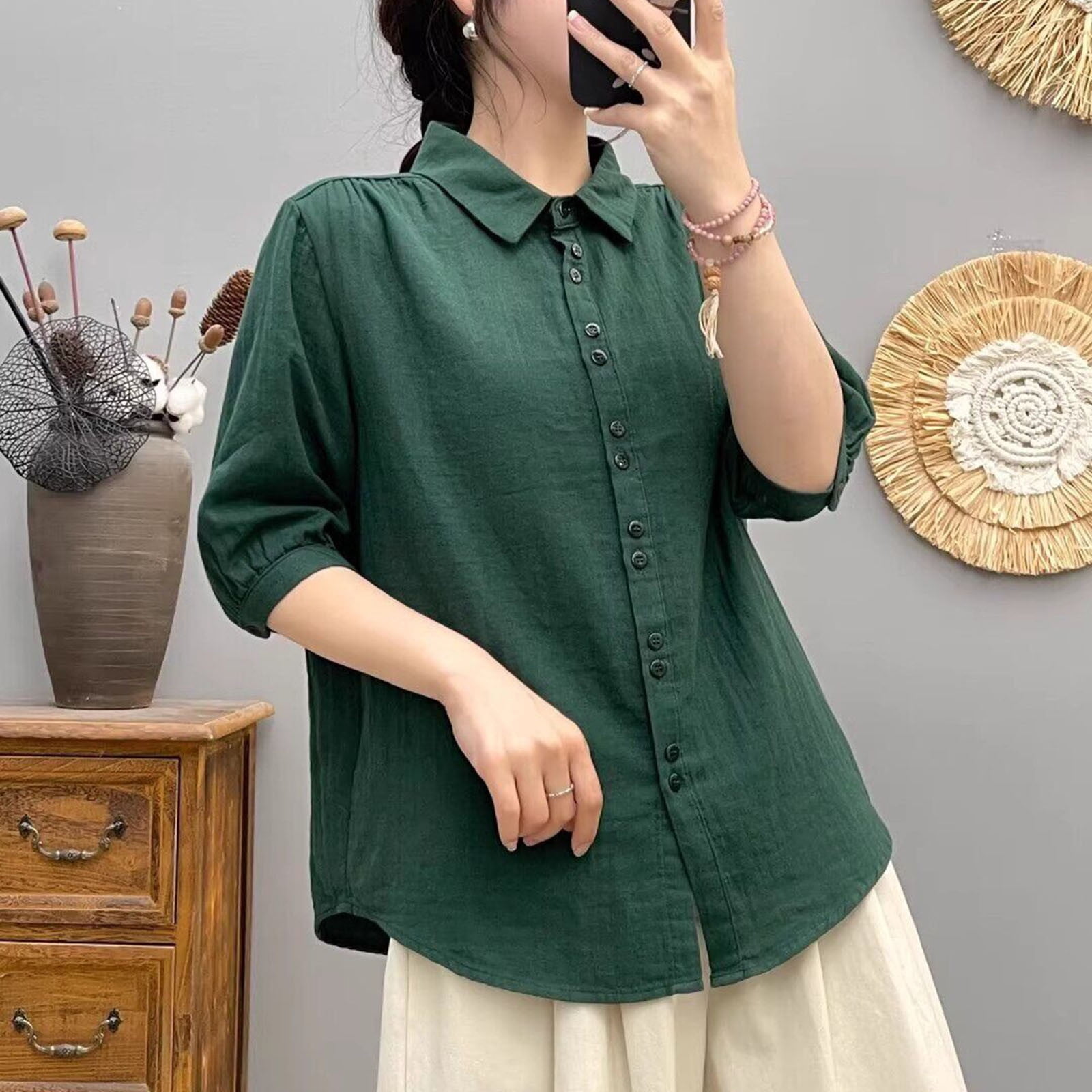 FDGIU 2026 Summer Women's Button-Down Shirt, 3/4 Sleeve Casual Collared ...