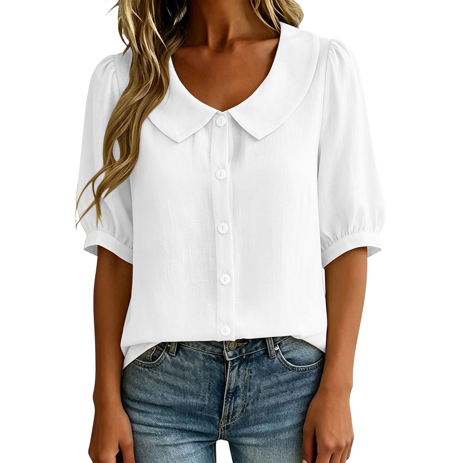 FDGIU 2026 Summer Women's Collar Button-Down Blouse, 3/4 Puff Sleeve ...