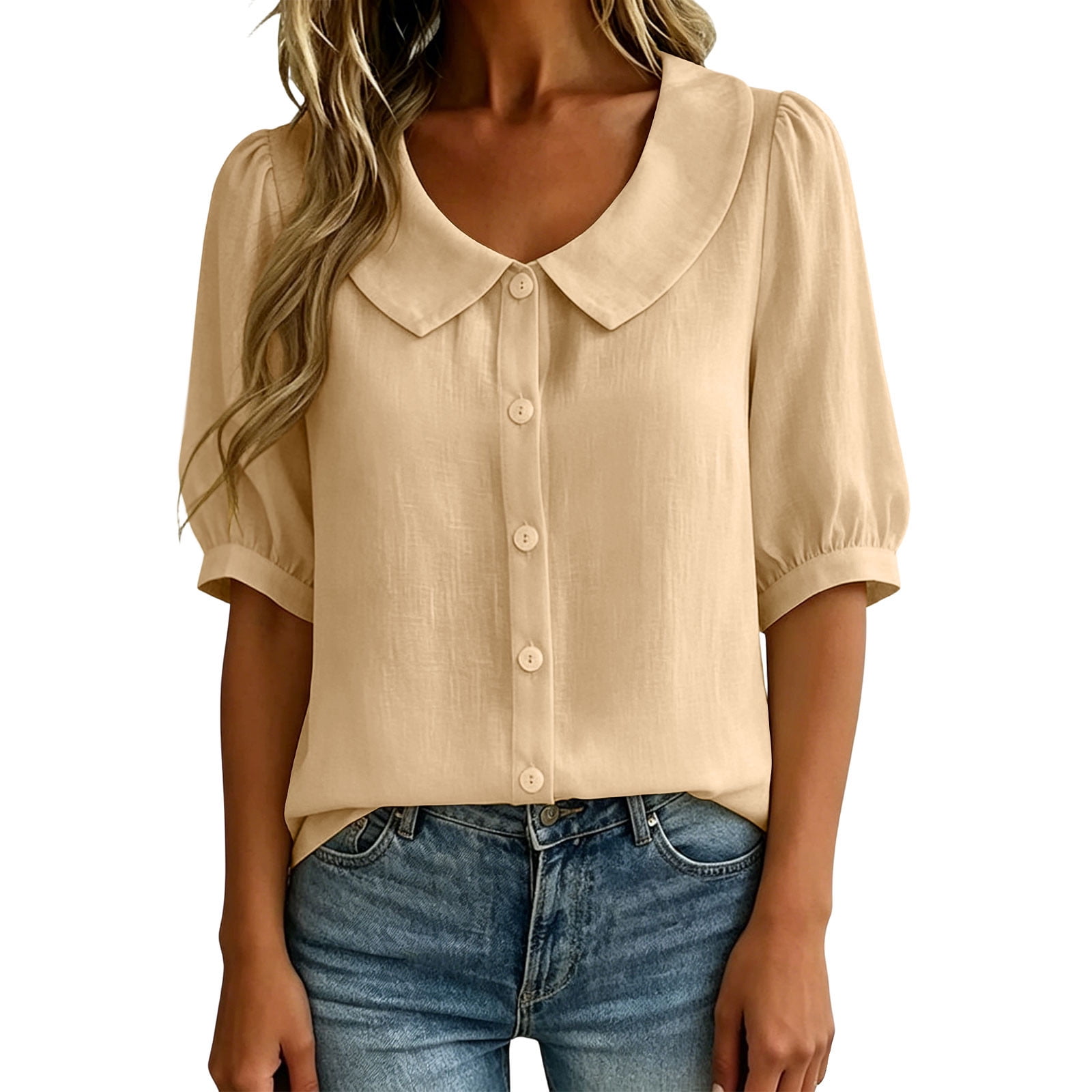 FDGIU 2026 Summer Women's Collar Button-Down Blouse, 3/4 Puff Sleeve ...