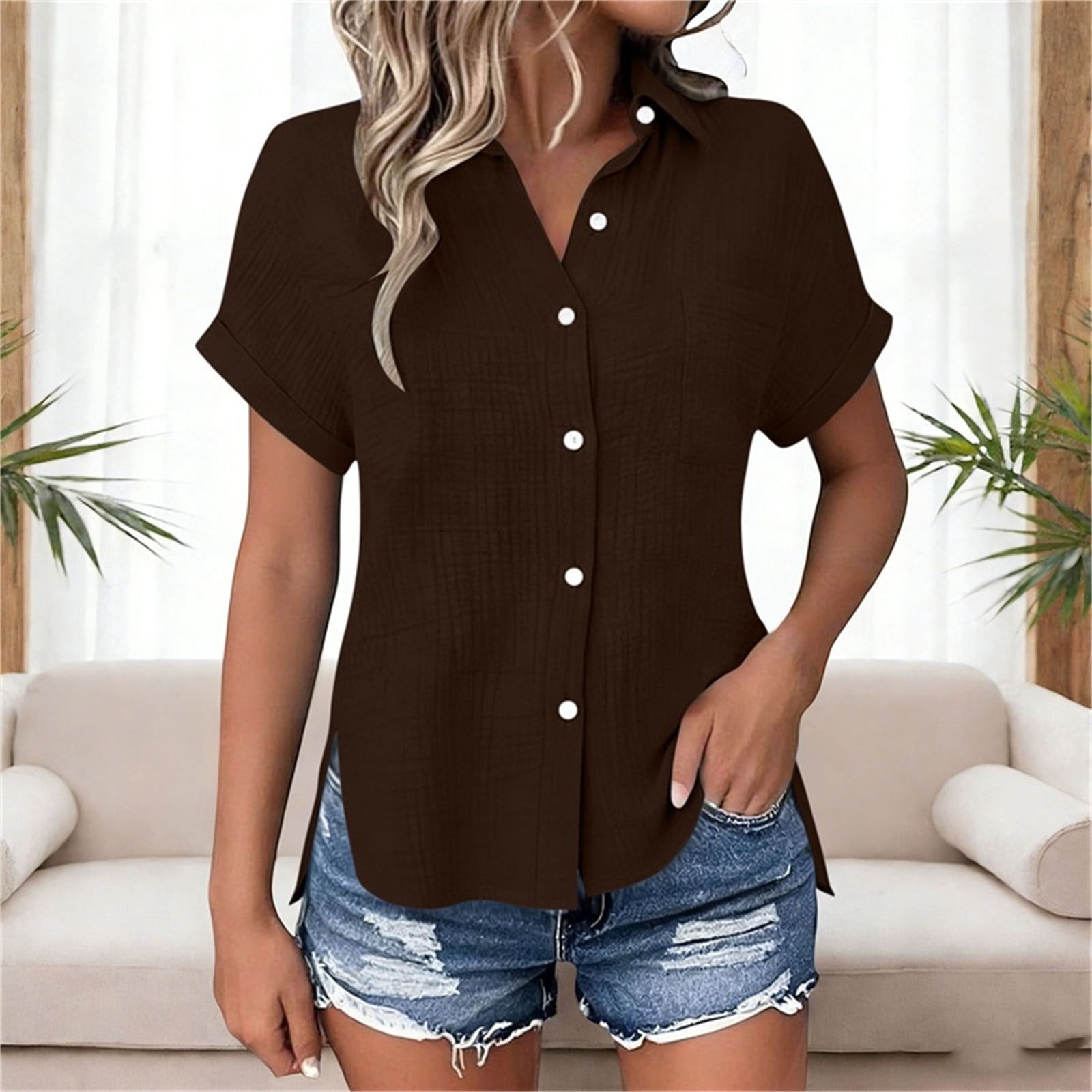 FDGIU 2026 Summer Women's Crinkle Gauze Button-Down Shirt, Rolled Cuff ...