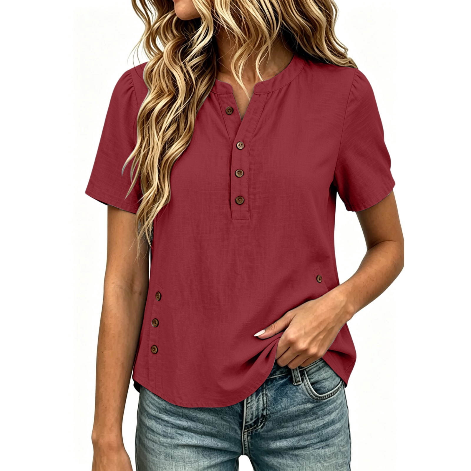 FDGIU 2026 Summer Women's Henley Neck Button Accent Blouse, Short ...