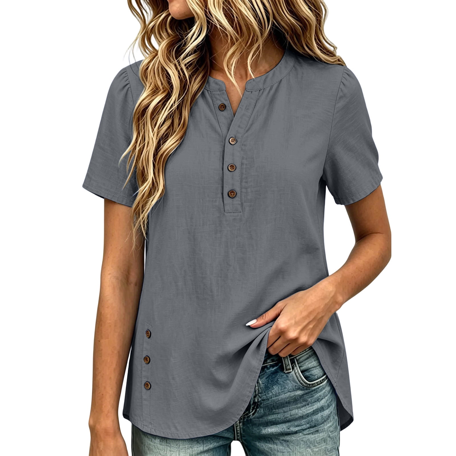 FDGIU 2026 Summer Women's Henley Neck Button Accent Blouse, Short ...