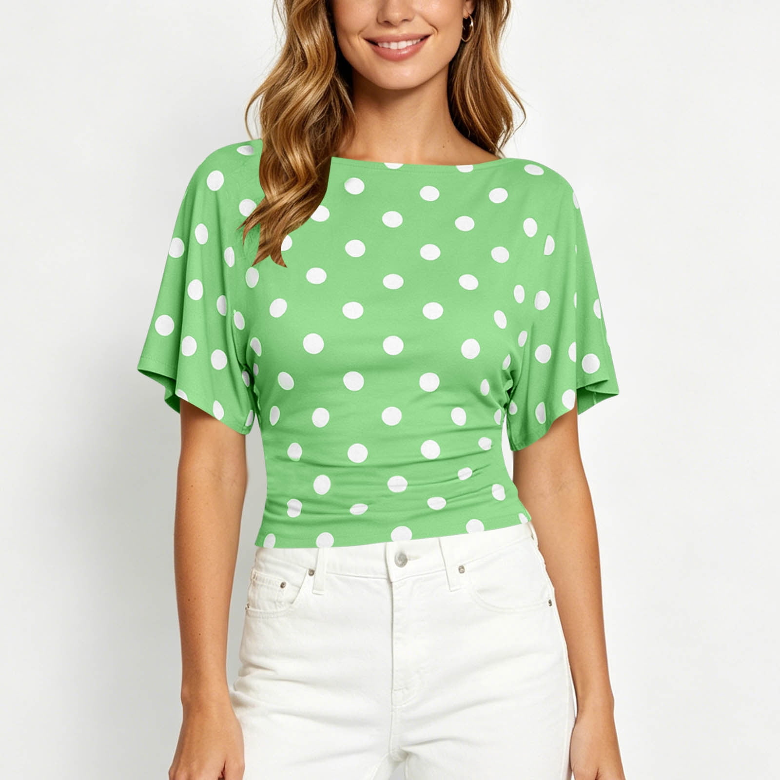 FDGIU 2026 Summer Women's Polka Dot Dolman Blouse, Boat Neck Short ...