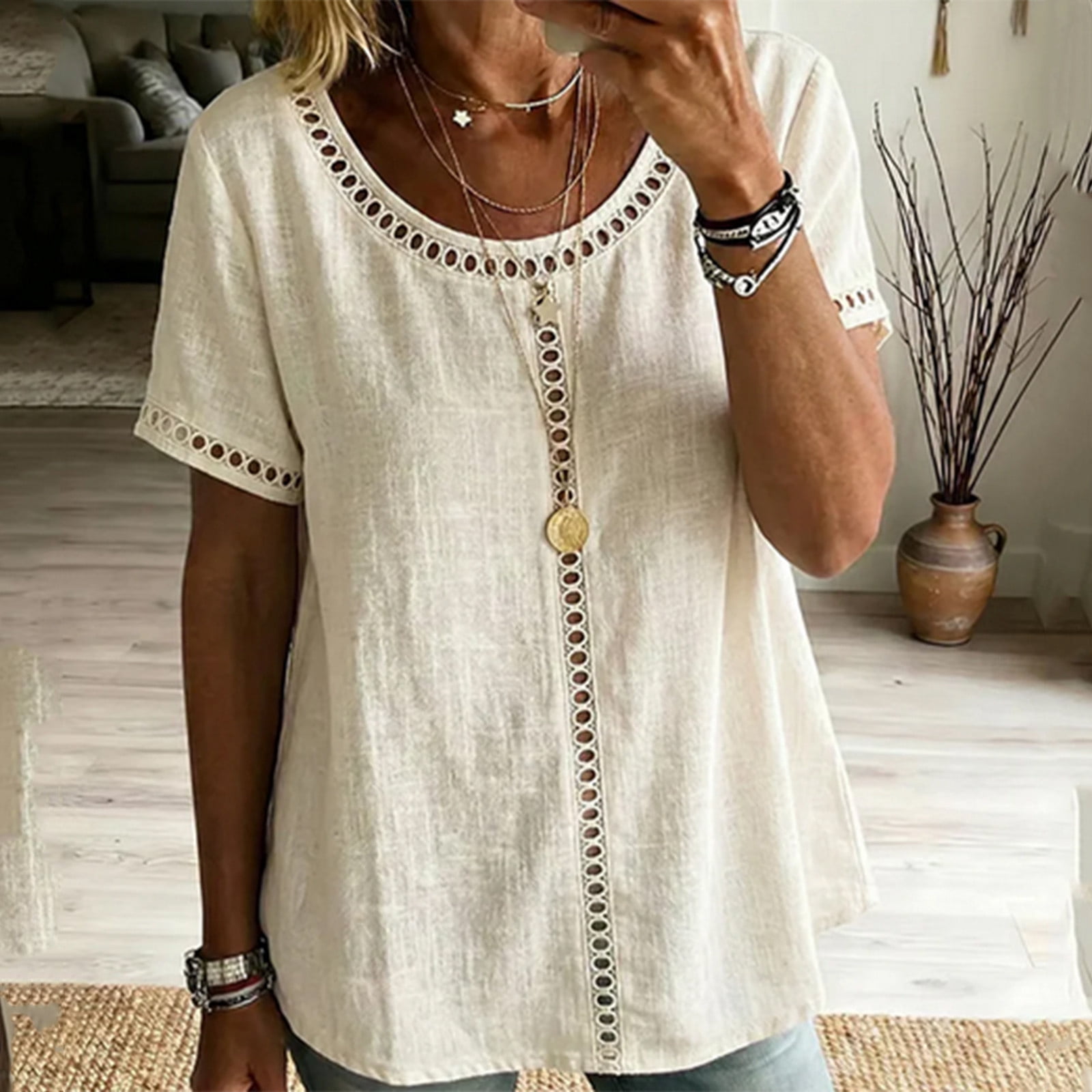 FDGIU 2026 Summer Women's Round Neck Eyelet Trim Blouse, Short Sleeve ...